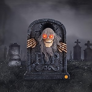 ELAMAS Halloween Animated Zombie Tombstone - Animatronic Skeleton Decorations with Sound Activated, Creepy Voice, Spooky Skull Head, Light Up Eyes, Scary Motion, Horror Prop for Indoor/Outdoor
