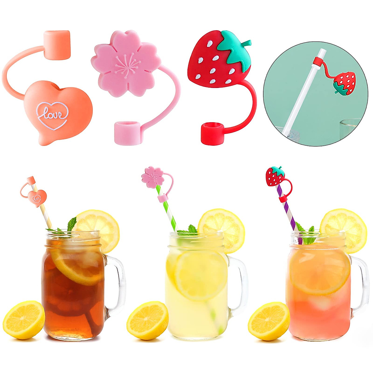 6 PCS Straw Covers Cap with 6 Reusable Drinking Straws,6-8mm Cute Flowers Fruit Straw Toppers for Normal Cup Silicone Straw Tip Covers Kawaii Drinking Dust-Proof Straw Plugs