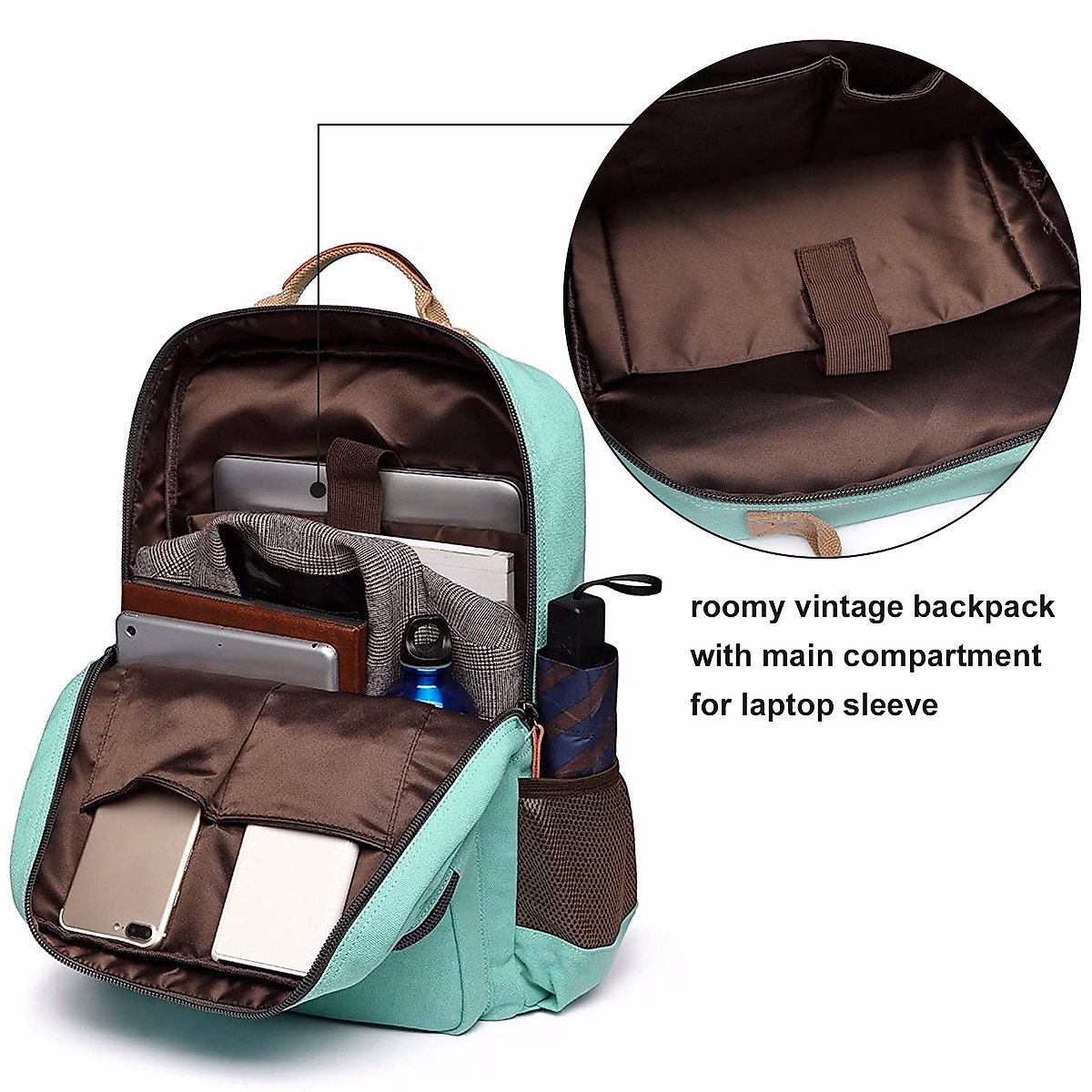 CAMTOP School Backpack Vintage Canvas Laptop Backpacks Men Women Rucksack Bookbags Travel (Mint Green)