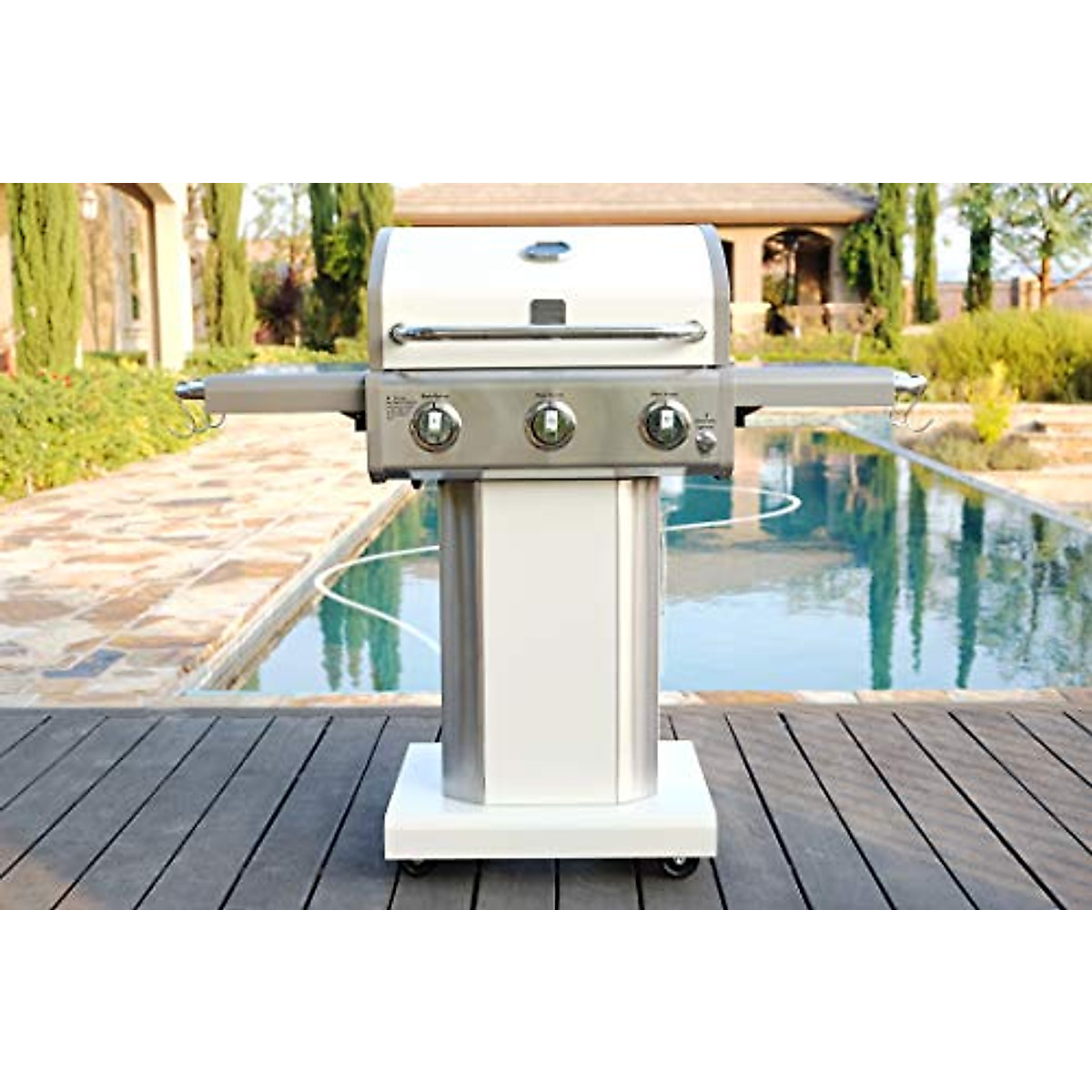 Kenmore 3-Burner Outdoor BBQ Grill | Liquid Propane Barbecue Gas Grill with Folding Sides, PG-A4030400LD-PE, Pedestal Grill with Wheels, 30000 BTU, Pearl White
