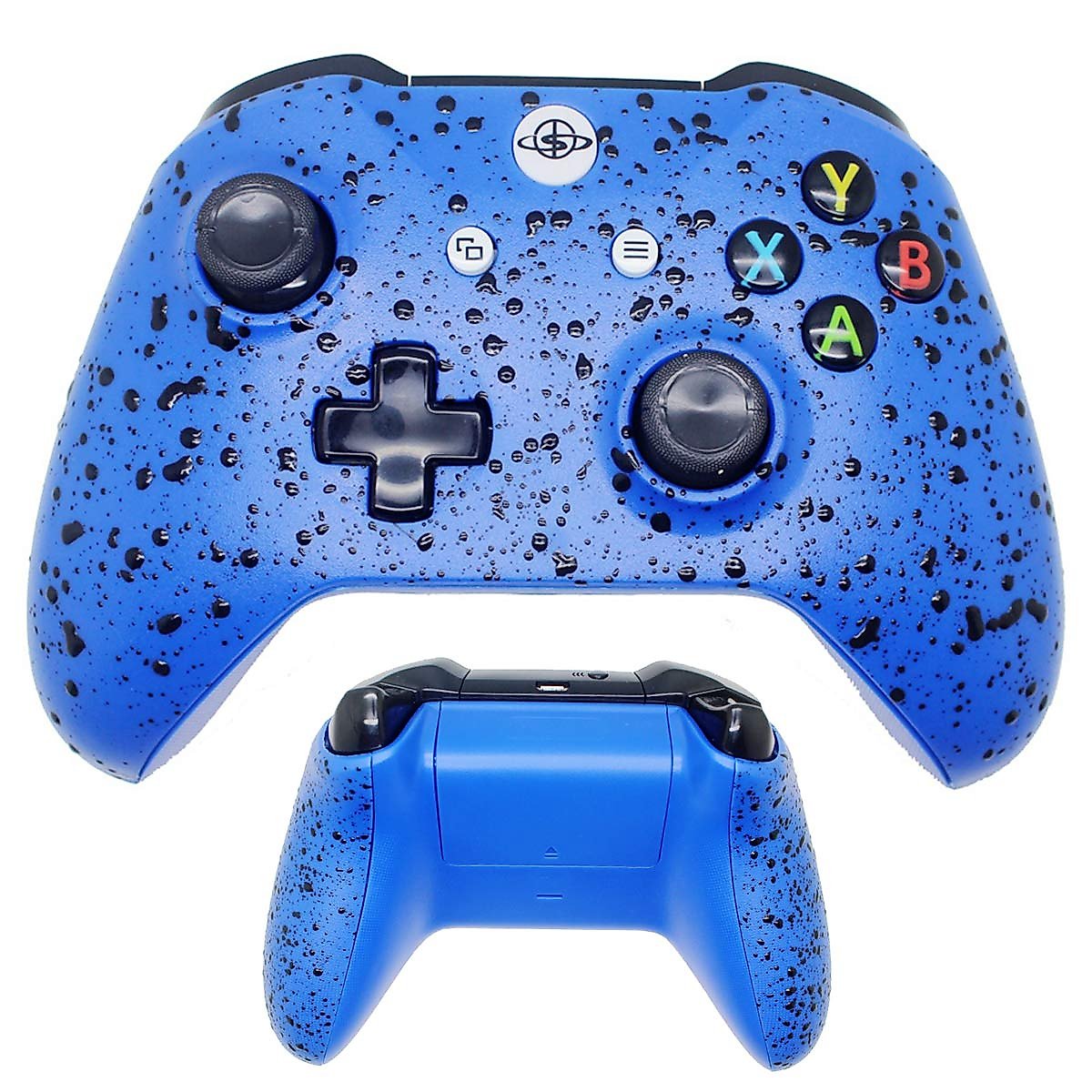 Blue 3D Splashing Faceplate Cover Textured Front Housing Shell Case, Back Cover Bottom Case, Non-Slip Back Panels Right Left Rails Rear Handle Grips Mod Kit Replacement for Xbox One S & X Controller