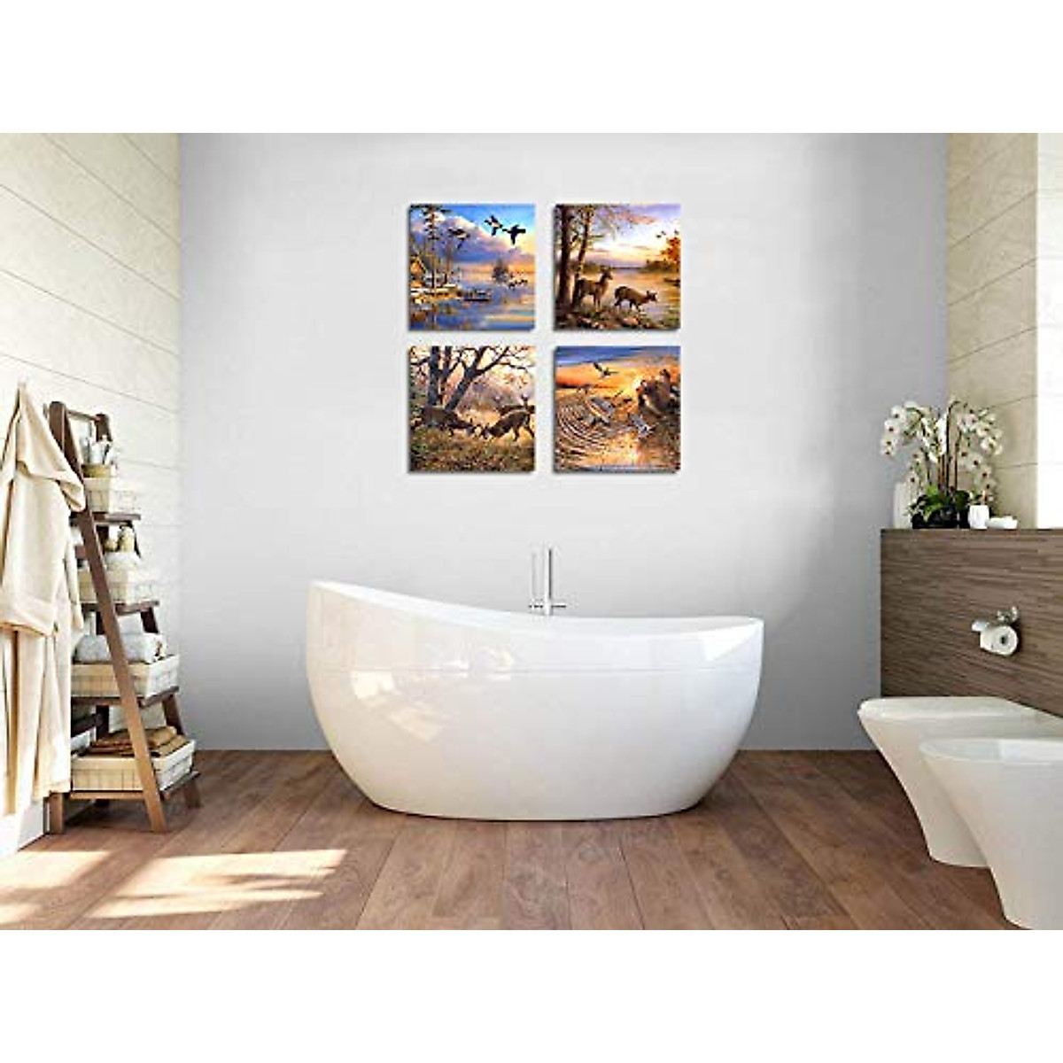 ArtHome520 Yellow Fall Landscape Wild Duck Wall Art Wildlife Canvas Printed Oil Painting Home Decor orange Animal Deer Picture for Living Room Modern Framed 4 Panel (12''x12''x4pcs)