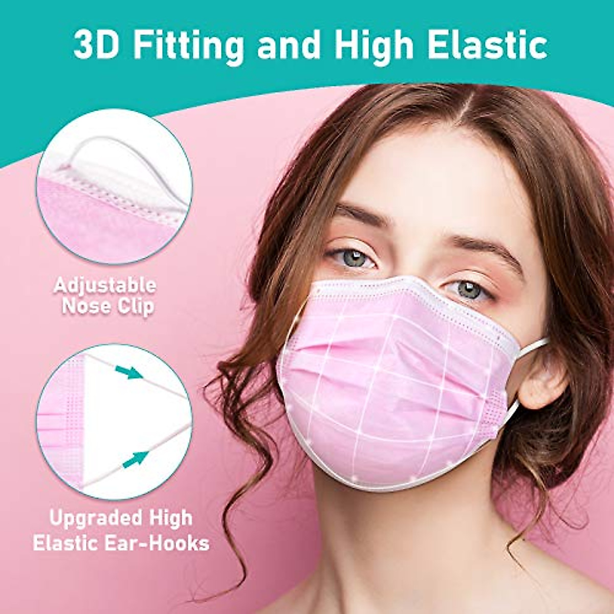 Assacalynn Pink Face Masks Disposable 50pcs, Kawai Cute Pink Masks For Women, 3 Ply Face Mask, Breathable Masks