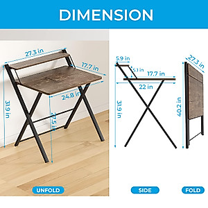 GreenForest Folding Desk No Assembly Required Small Size, 2-Tier Foldable Computer Desk with Shelf for Home Office, Space Saving Portable Laptop Study Foldable Table for Small Spaces, Brown