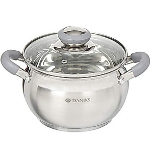 Daniks Modern Stainless Steel Stock Pot with Glass Lid| Induction 2 Quart | Dishwasher Safe Pot | Heatproof Handles | Soup Pasta Stew Pot | Silver