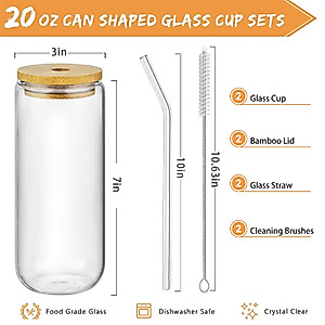 DAMCONME 20 Oz Glass Cups with Lids and Straws 2Pcs,Glass Iced Coffee Cups,20 Oz Glass Tumbler,Glass with Bamboo Lid and Straw for Smoothie,Cocktail Beer, Whiskey,Soda(2 Clean Brush)