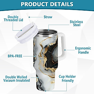 ALAZA Marble Black & Gold 40 oz Tumbler Stainless Steel Water Bottle Vacuum Insulated Cup with Straw Lid & Handle For Travel Car Cup Holder