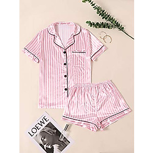 LYANER Women's Striped Silky Satin Pajamas Short Sleeve Top with Shorts Sleepwear PJ Set Pink X-Small