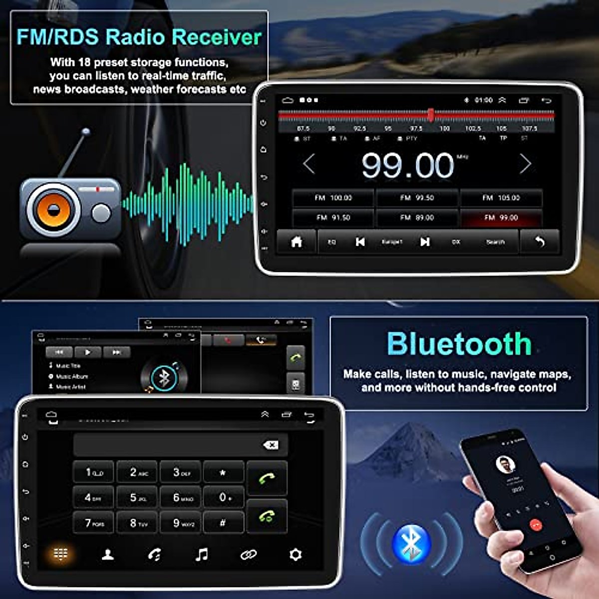 2022 Android 11 Rotating Touch Screen Car Stereo with Apple Carplay Android Auto, 10" Car Radio with Hi-Fi FM/RDS GPS WiFi Double Din Head Unit Support Bluetooth AHD Backup Camera(2+32)