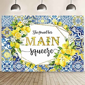 AIBIIN 7x5ft Lemon Bridal Shower Backdrop She Found Her Main Squeeze Engagement Party Photography Background Blue Tile Floral Print Decoration Bachelorette Bride To Be Wedding Photoshoot Prop Supplies