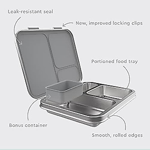 Bentgo® Kids Stainless Steel Leak-Resistant Lunch Box - Bento-Style Redesigned in 2022 w/Upgraded Latches, 3 Compartments, & Extra Container - Eco-Friendly, Dishwasher Safe, Patented Design (Silver)