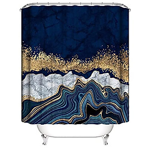 HOMAEUPIN 4 PCS Gold Marble Shower Curtain Sets with Non-Slip Rugs, Toilet Lid Cover, Bath U-Shaped Mat, Luxury Modern Marble Bathroom Sets with Rugs and 12 Hooks Accessories,Gold Dark Blue