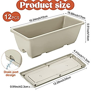 12 Pieces Rectangle Window Box Planter 17 Inch Window Plant Box Herb Planter Plastic Herb Pots for Indoor Plants Large Window Flower Boxes Outdoor with Tray for Garden, Balcony Home Decor (Light Gray)