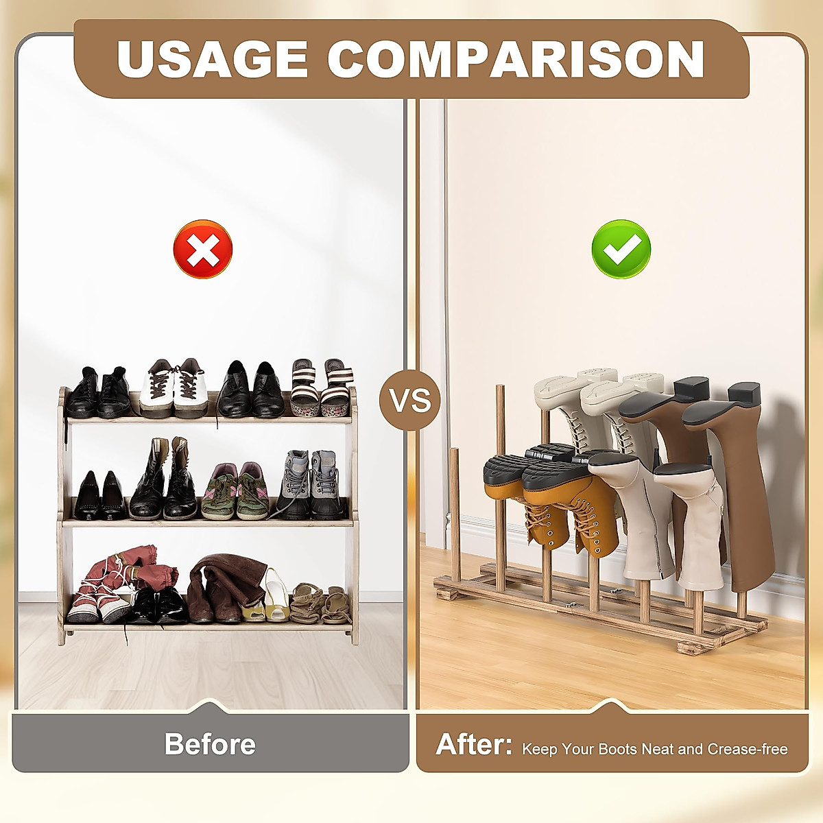 NestSprout Free Standing Shoe Rack for Tall Boots - Wooden Boot Rack Organizer for Closet Entryway, Shoe Rack for Mens Cowboy Boots, Boot Stand Hanger Fit for 6 Pairs