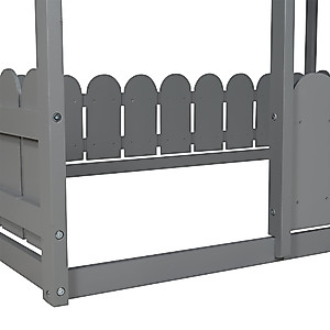 Harper & Bright Designs Full Size House Bed for Kids,Montessori Bed Full Size with Fence-Shaped Guardrails, Wood Toddler Full Floor Bed Frames for Girls, Boys(Full,Grey)