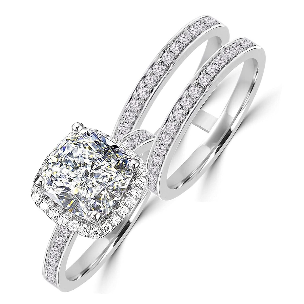 Diamonbella 101 Facets 2 Carat Princess Cushion Cut NSCD Simulated Diamond Ring Double Band Set 925 Silver Platinum Plated Halo (7)