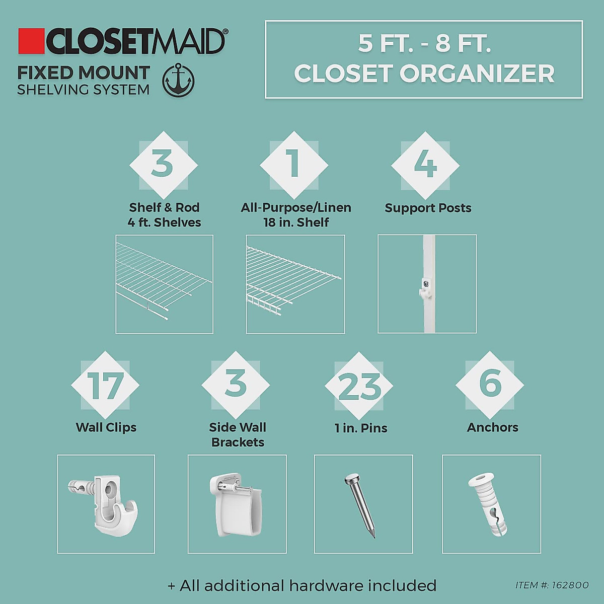 ClosetMaid 1628 Closet Organizer Kit, 5-Foot to 8-Foot, White