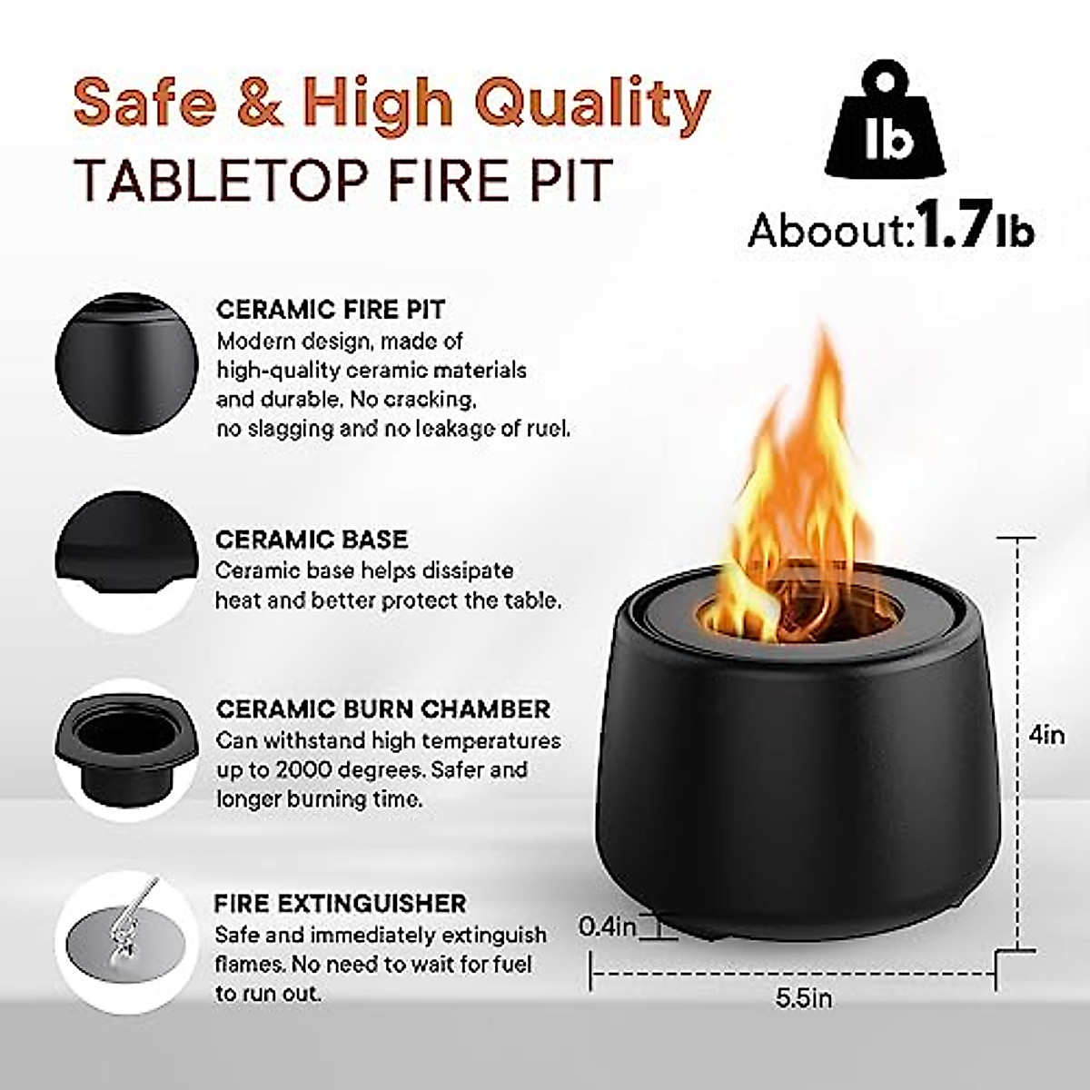 Ceramic Tabletop Fire Pit, Portable Ethanol Fire Bowl, Mini Rubbing Alcohol Fireplace Table Top Fire Pit Bowl Long Burning Smokeless Housewarming Gift with Indoor & Outdoor & Garden