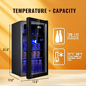 WANAI Beverage Refrigerator Mini Fridge Cooler Clear Glass Door 3.5 Cu.Ft Soda Beer Wine Fridges for Office Dorm Home Bar with Adjustable Removable Shelves White Inner