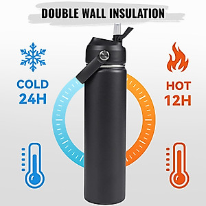 Fijinhom 24oz Insulated Stainless Steel Water Bottle, Wide Mouth Double Wall Vacuum, Silicone Straw, Sweat &amp; Leak Proof, BPA Free Insulated Water Flask for Travel, Keep Cold 24h Hot 12h, Black