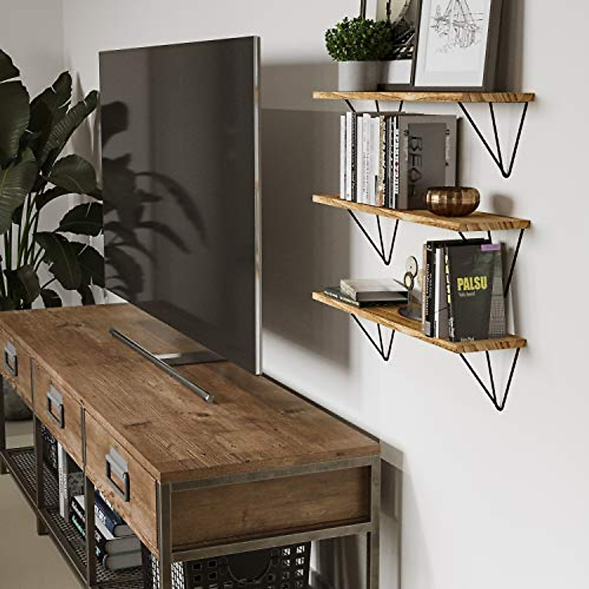 Wallniture Colmar Floating Shelves for Wall, 24 Inch Geometric Triangle Shelf Set of 3 for Living Room Décor Burned Storage Shelves with Black Shelf Brackets