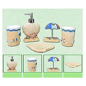 Yiyida Creative Resin Bathroom Set 5pcs in Sea Beach Style Tumbler Soap Dish Soap Dispenser Toothbrush Holder