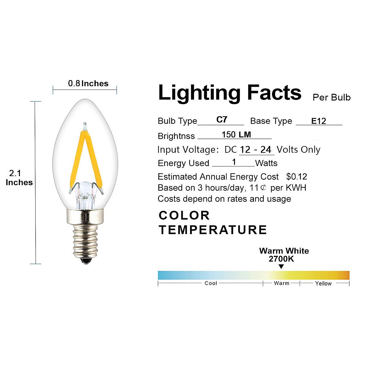 OPALRAY C7 12V-24V DC 1W LED Mini Candle Bulb, 12 Volts Low Voltage Input, RV Lighting Cabin Light, Warm White 2700K, 150LM 15W Incandescent Equivalent, for 12Volt Power, Mini Torpedo Shape, 4-Pack