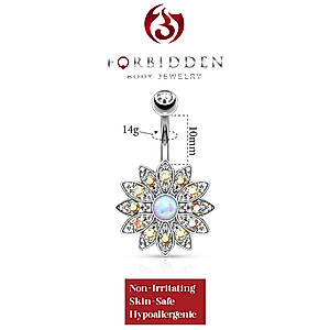 Forbidden Body Jewelry Aurora Borealis CZ Crystal Pave Flower with Opalite Gemstone Center Belly Button Ring