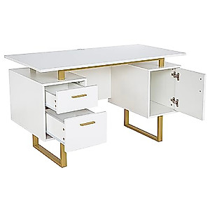Techni Mobili Storage Drawers and Cabinet 51.25” W-Modern Office Large Floating Desktop Surface Desk, 23.6" D x 51.2" W x 29.8" H, White/Gold