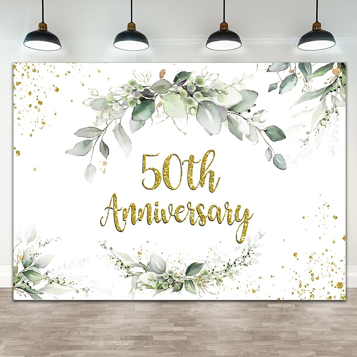 Wollmix 50th Wedding Anniversary Decorations Banners Backdrops Green Leaves Cheers to 50 Years Gold Dots Photography Background Party Sign Poster Photo Booth Props Decor Supplies 7x5ft