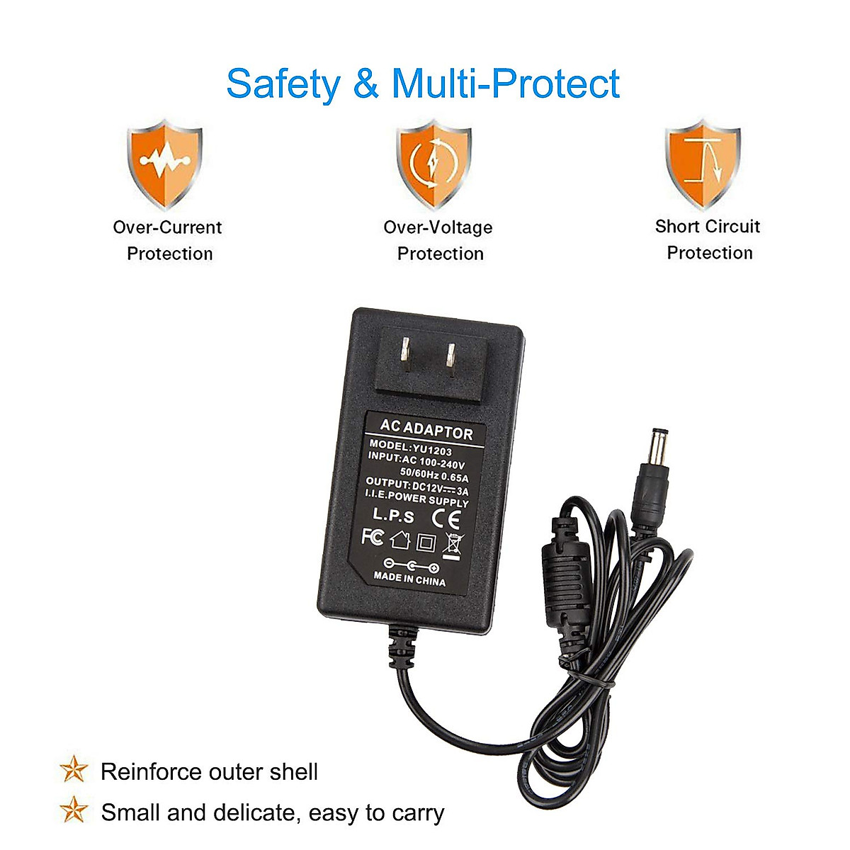12V 3A Power Adapter, COOLM AC 100V-240V to DC 12 Volt 3amp 3000mA Power Supply 5.5mm x 2.5mm 36W Switching Charger with Female Connector for LCD Monitor, Wireless Router, CCTV Cameras