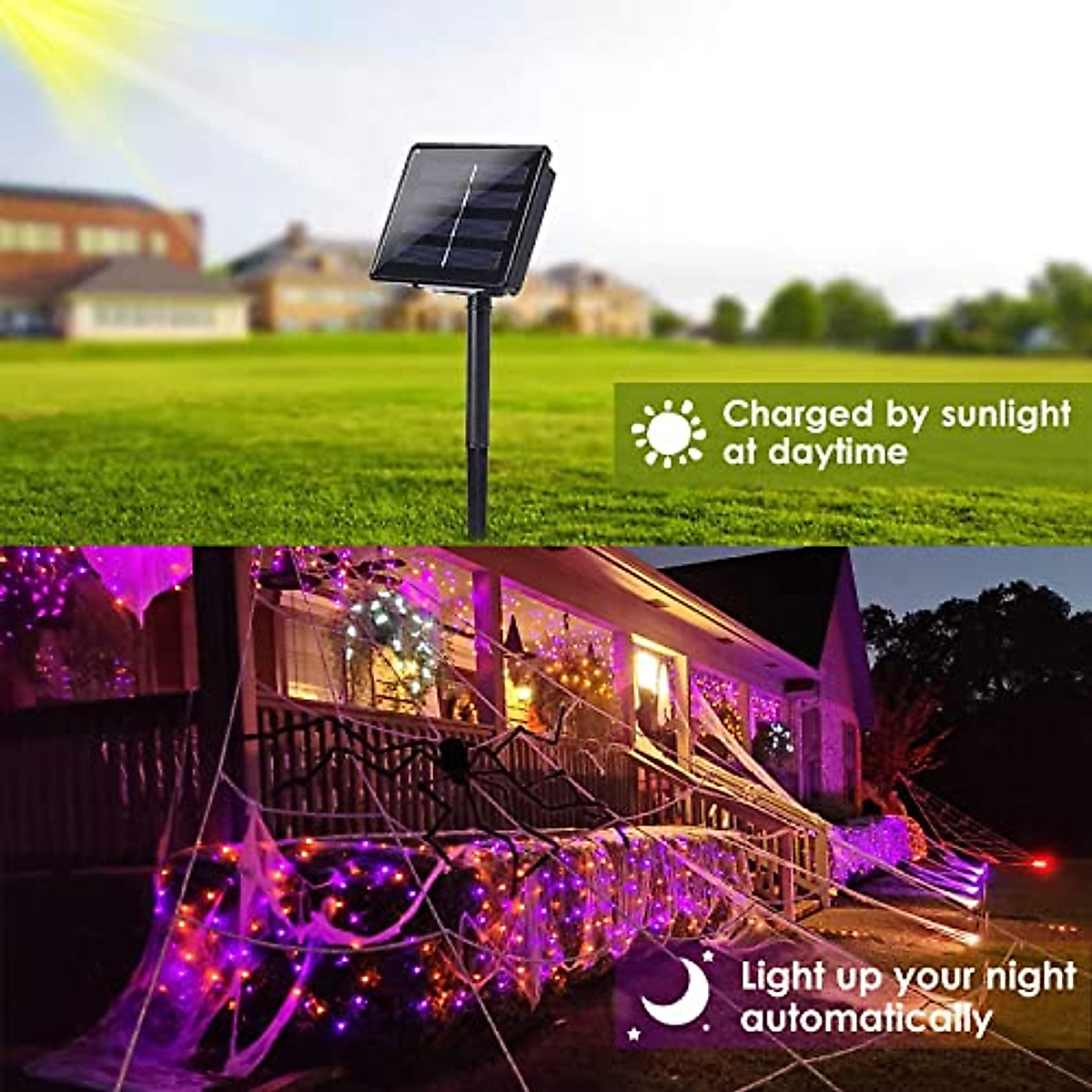 Purple and Orange Halloween Lights Solar String Lights Outdoor, 2 Pack 80FT 200LED Solar Twinkle Lights Outside Waterproof, Copper Wire 8 Modes Solar Halloween Lights for Halloween Decoration Outdoor