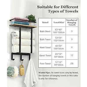 Luxspire Towel Racks Wall Mounted for Bathroom, Towel Holder Wall Mounted with Wooden Floating Shelf & 3 Metal Hooks, Rolled Bath Towel and Hand Towel Rack for Bathroom, Rustic Wooden
