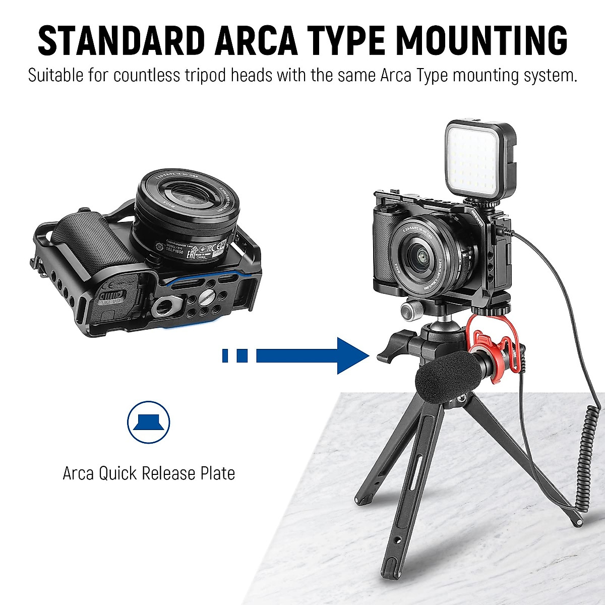 NEEWER ZV-E10 Camera Cage Compatible with Sony ZV-E10, Aluminum Video Shooting Cage Rig with Arca Type QR Plate, 1/4" Threads, Cold Shoe Mounts Compatible with SmallRig Top Handles Video Rigs, CA003