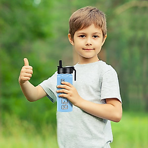 Personalized Kids Water Bottle with Straw Lid on Pastel Blue Gloss for School Engraved Custom Children Name 18 oz Modern Insulated Stainless Steel