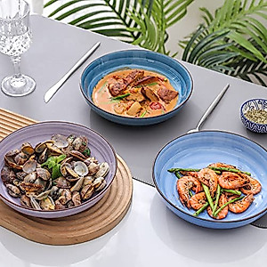 Selamica Porcelain 26 Ounce Salad Pasta Bowls, 8 inch Wide and Shallow Serving bowls, Microwave & Dishwasher Safe, Sturdy & Stackable, Set of 6, Gradient Blue
