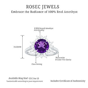 Rosec Jewels Certified Natural Amethyst Halo Engagement Ring with Moissanite, AAA Quality, Cocktail Ring - Ready to Gift, 14K Yellow Gold, Size:US 10.00