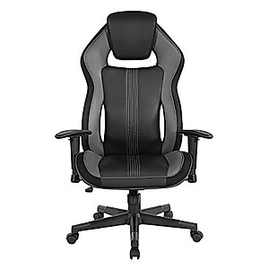 OSP Home Furnishings BOA II Ergonomic Adjustable High Back Gaming Chair with Thick Padded Coil Spring Seat, Built-in Lumbar Support and Headrest, Black Bonded Leather with Grey Accents