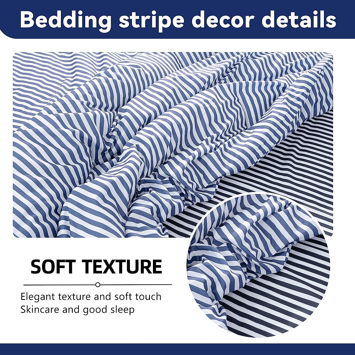 ressber Stripe Comforter Set Bedding Sets Blanket for All Season Soft and Breathable. (Full, Navy Blue)