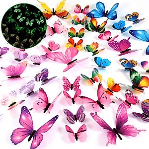 96 Pieces Glow in The Dark Luminous 3D Butterfly Wall Decals Decor Removable Butterfly Stickers DIY Art Crafts Decor for Kids Bedroom Home Garden Decorations Christmas (Pink, Purple, Mixed)