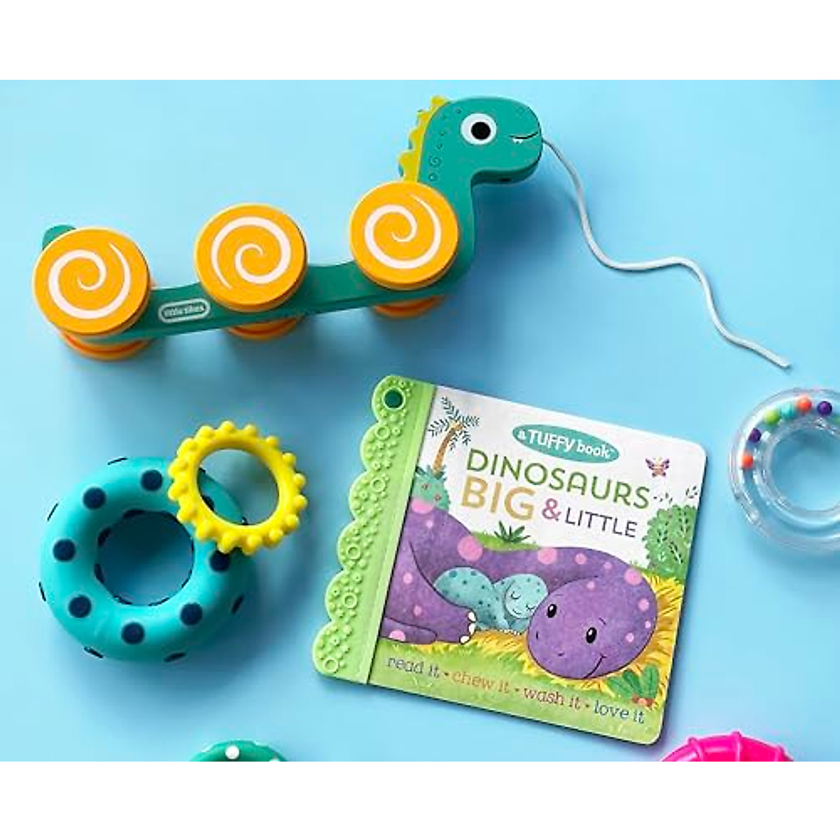 Tuffy Dinosaurs Big & Little Book - Washable, Chewable, Unrippable Pages With Hole For Stroller Or Toy Ring, Teether Tough, Ages 0-3 (Baby's Unrippable) (A Tuffy Book)