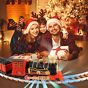 Ouriky Train Set - Electric Steam Train Set Toy for Kids with Smokes, Lights & Sounds, Railway Kits, Cargo Car & Tracks, Christmas Train Sets Under The Tree Gift for Boys Girls