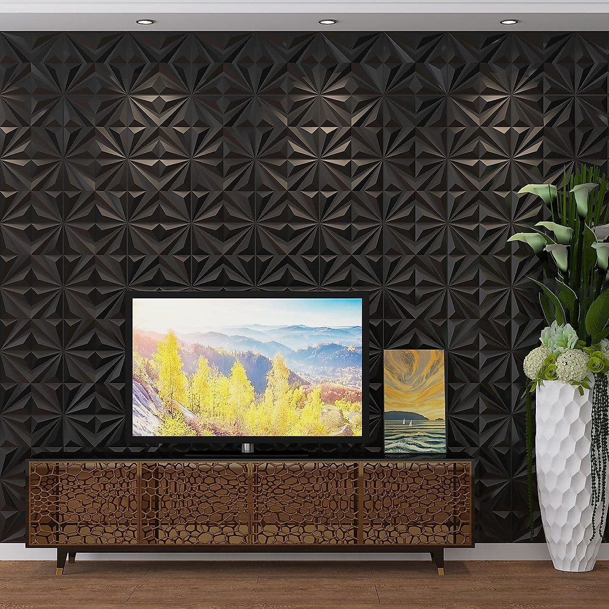 MIX3D Decorative 3D Wall Panels Star Textured PVC Wall Panels for Interior Wall Decor, 12''x12'' Black Pack of 33 Tiles Cover 32 Sq Ft