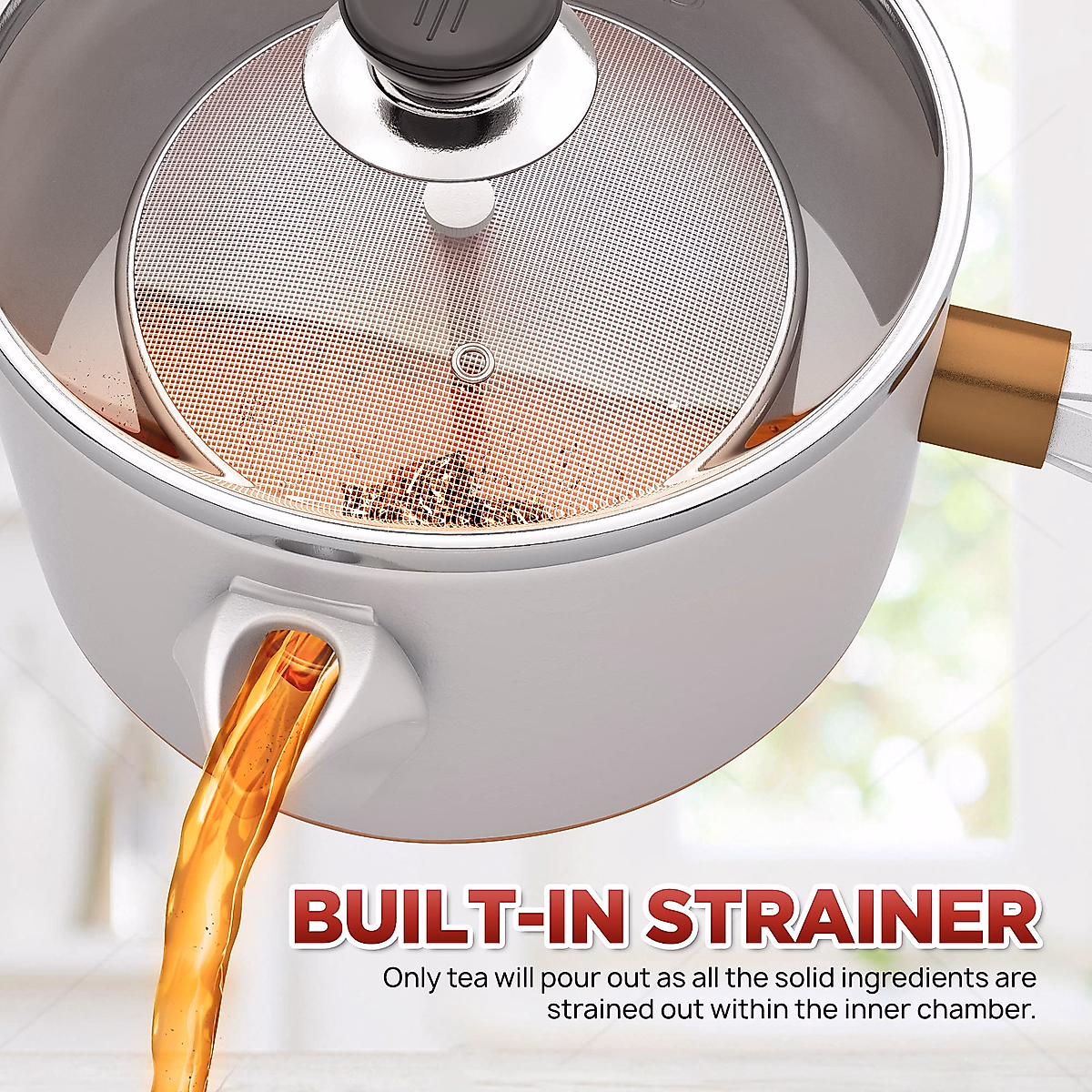 BruChai Brewer - Classic Chai Brewing Pot with Built-In Mesh Strainer - No-Mess Brewing Vessel with Non-Stick Coating - Patented Handy Brew & Pour Steel Teapot with Burn-Proof Handle