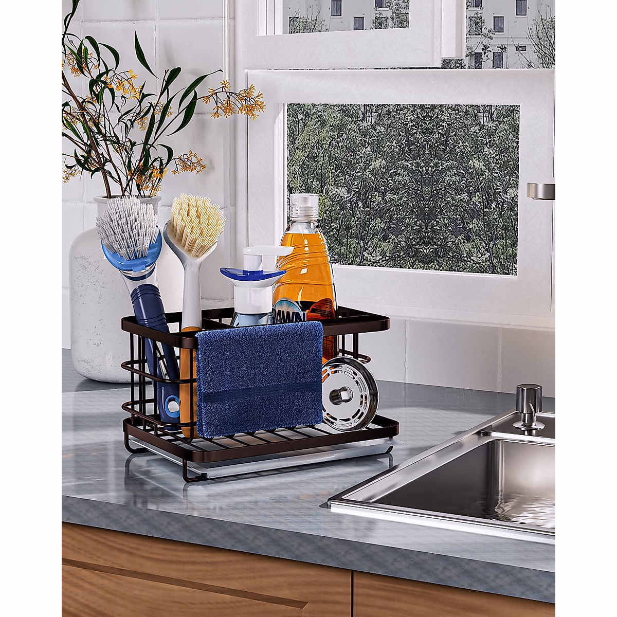 Consumest Sink Caddy, Sponge Holder for Kitchen Sink with Drip Tray, Non-Slip Kitchen Sink Organizer for Countertop, SUS304 Stainless Steel Rustproof Sink Rack - Bronze