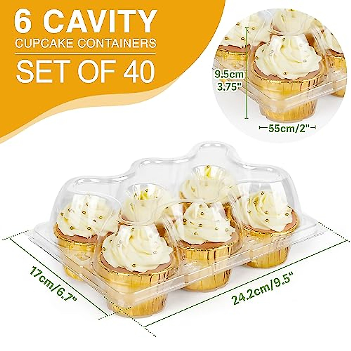 LotFancy Cupcake Containers 6 Count, 40 Pack, Half Dozen Clear Cupcake Boxes, Plastic Muffin Holders with Detachable Tall Dome Lid, Disposable Cupcake Carriers, BPA Free, Standard Size