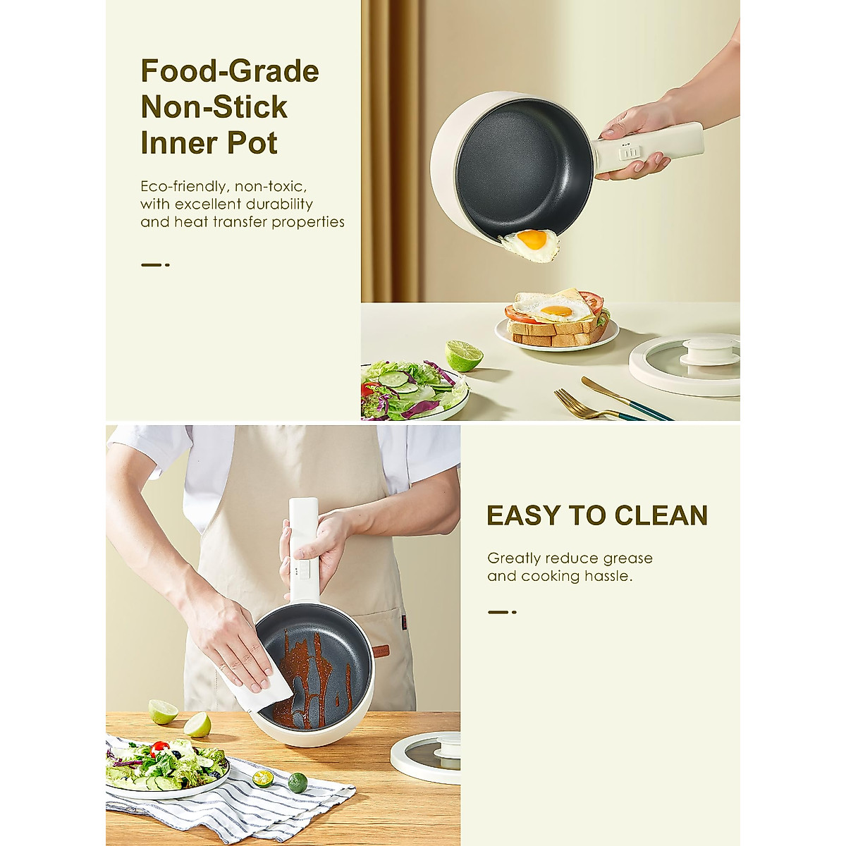 Yabano Electric Pot, 850W Non-Stick Electric Hot Pot with Steamer,1.6L Noodles Cooker with Dual Power Control, Portable Pot For Dorm, Office, Travel with Silicone Spatula Included, BPA Free, White