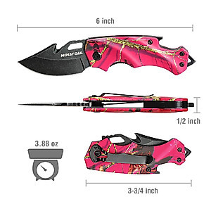 Mossy Oak Mini Folding Pocket Knife, Stainless Steel Drop Point Blade - EDC Multi-tool with Bottle Opener and Glass Breaker (Pink Camo)
