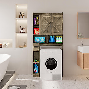 Esmlada Farmhouse Over The Toilet Storage Cabinet with 2 Barn Doors, 32.1''W Free Standing Toilet Storage Shelf Space Saver with Adjustable Shelf Paper Holder Stand (Brown)