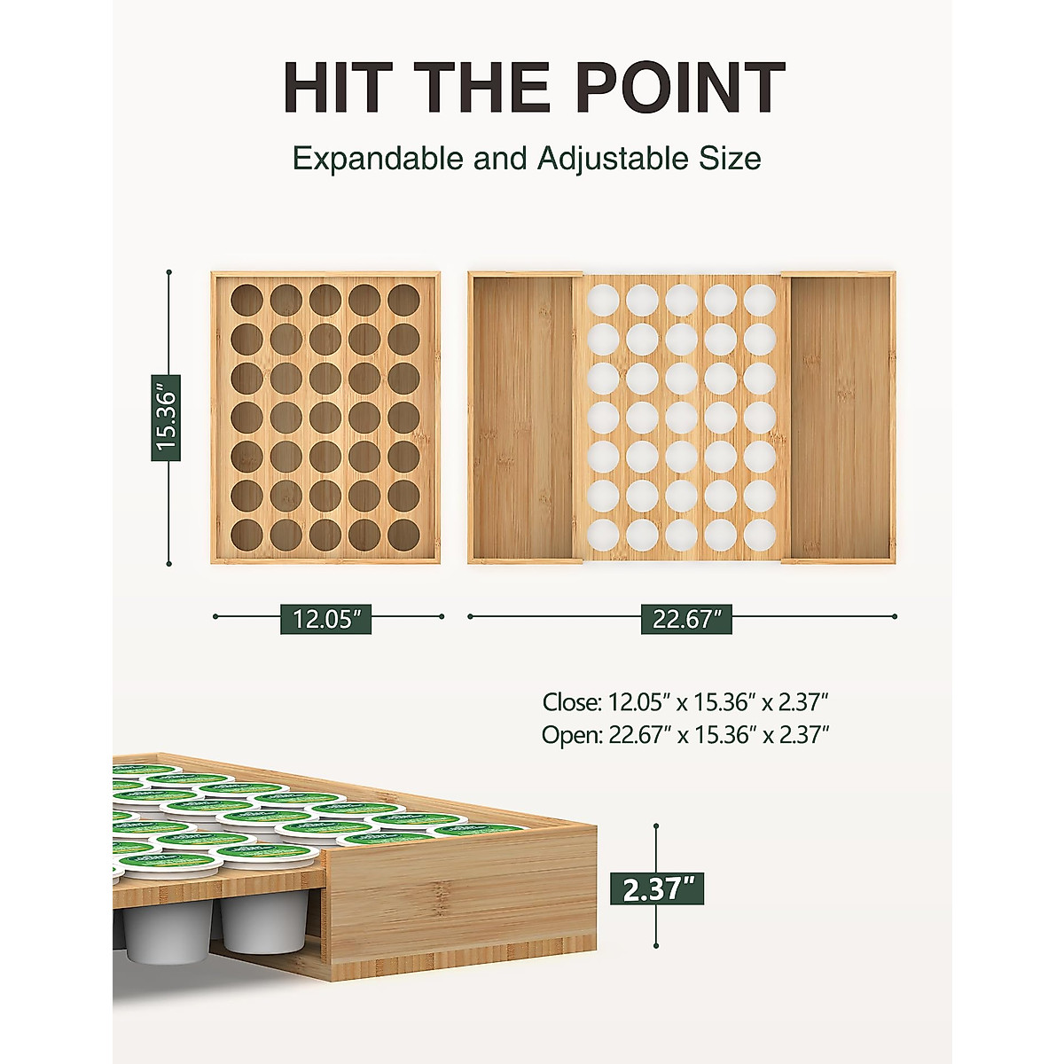 WELL WENG Larger Expandable Bamboo Coffee Pod Holder for Counter Drawer - Compatible with K-Cup Pods - Tea Bags Storage (Natural)